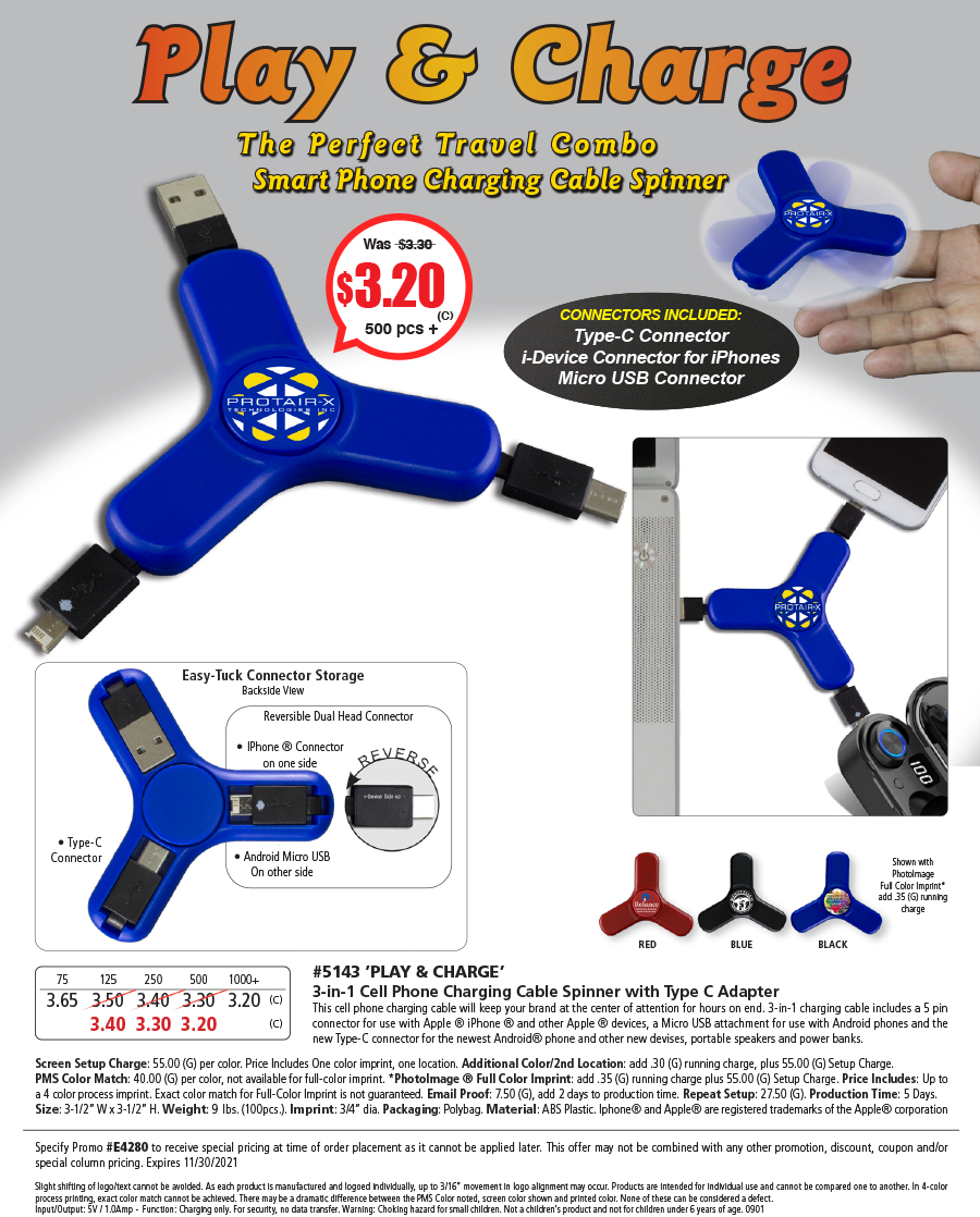 5143 3-in-1 Cell Phone Charging Cable Spinner