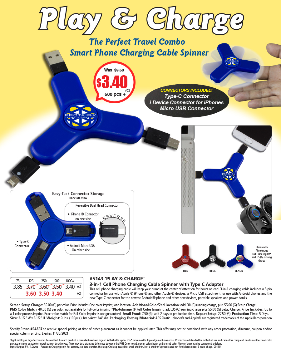 5143 3-in-1 Cell Phone Charging Cable Spinner