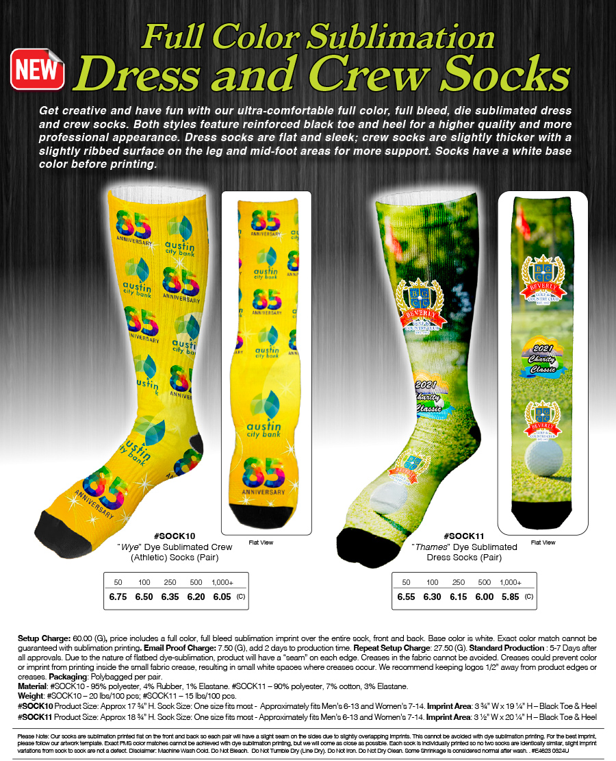 SOCK10 SOCK11 Full Color Sublimation Dress and Crew Socks