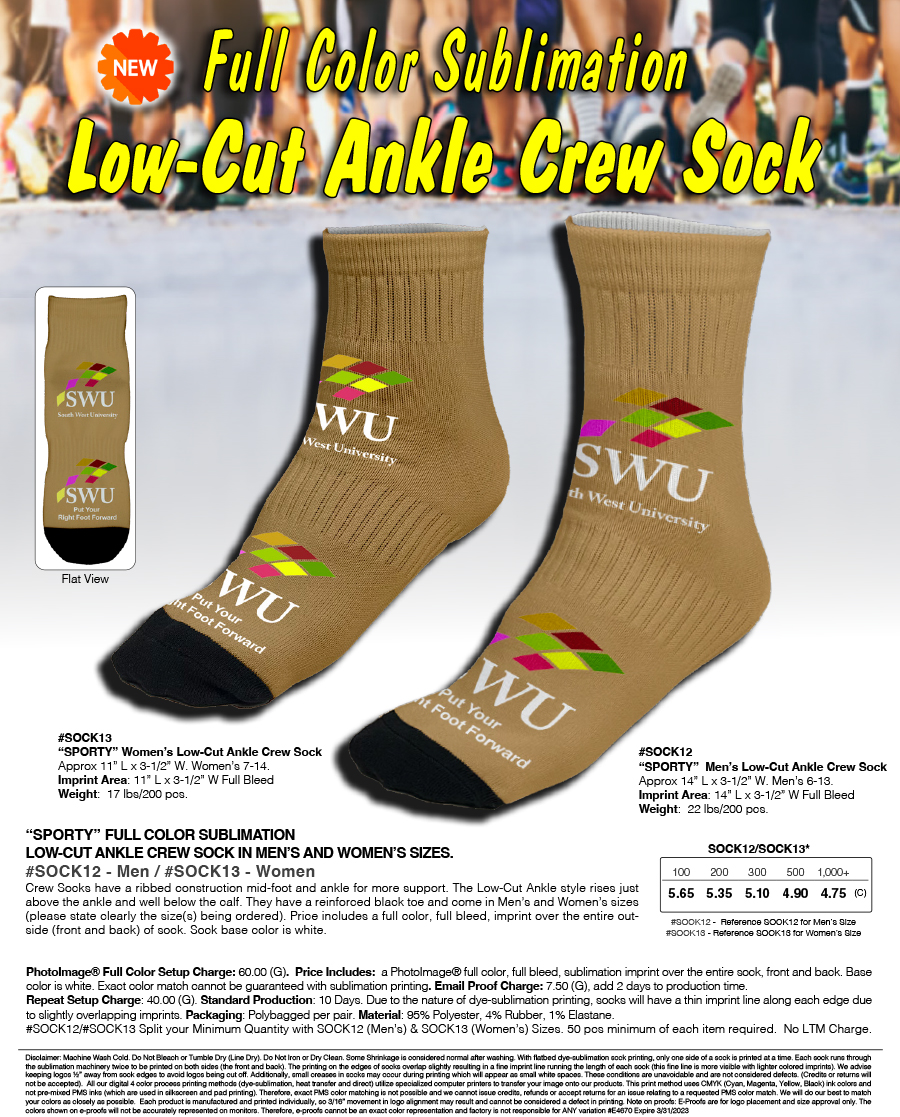 SPORTY - Full Color Sublimation - Low-Cut Ankle Crew Sock
