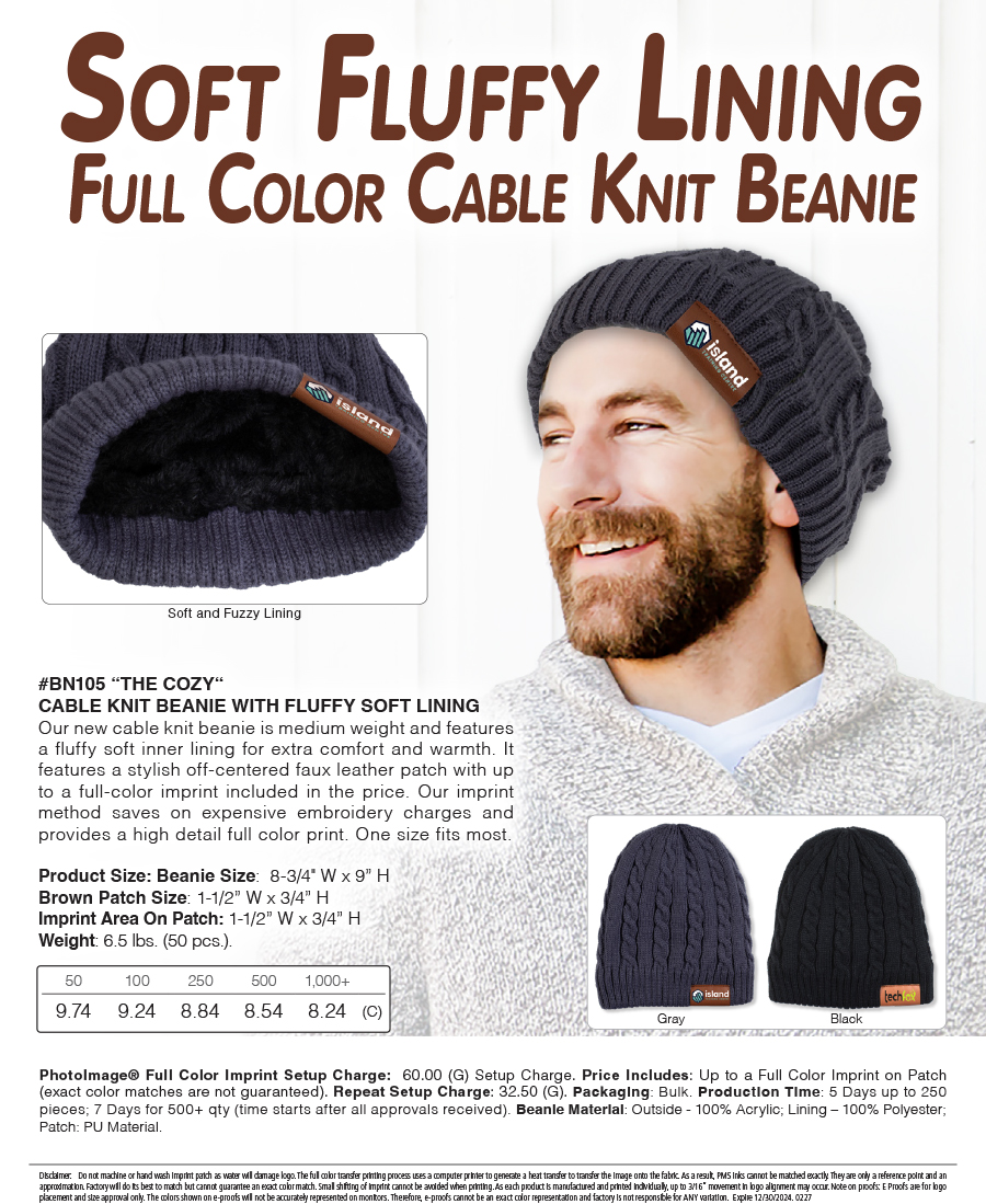 BN105 THE COZY - Cable Knit Beanie with Fluffy Soft Lining