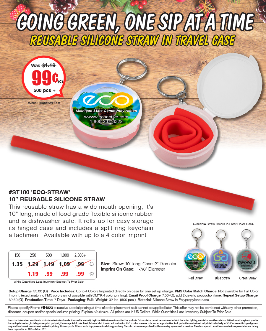 Full Color Imprint ST100 Eco-Straw - 10 inch Reusable Silicone Straw