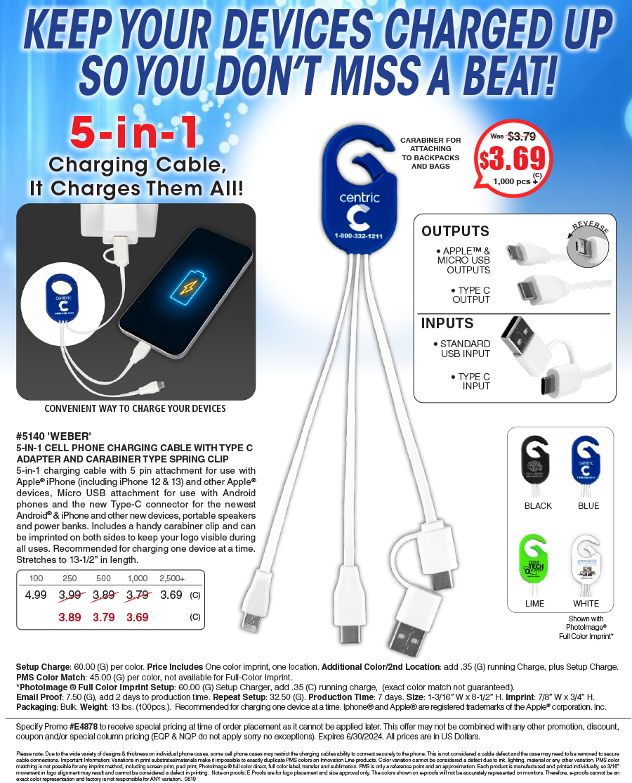 #5140 5-in-1 Cell Phone Charging Cable with Type C Adapter and ...