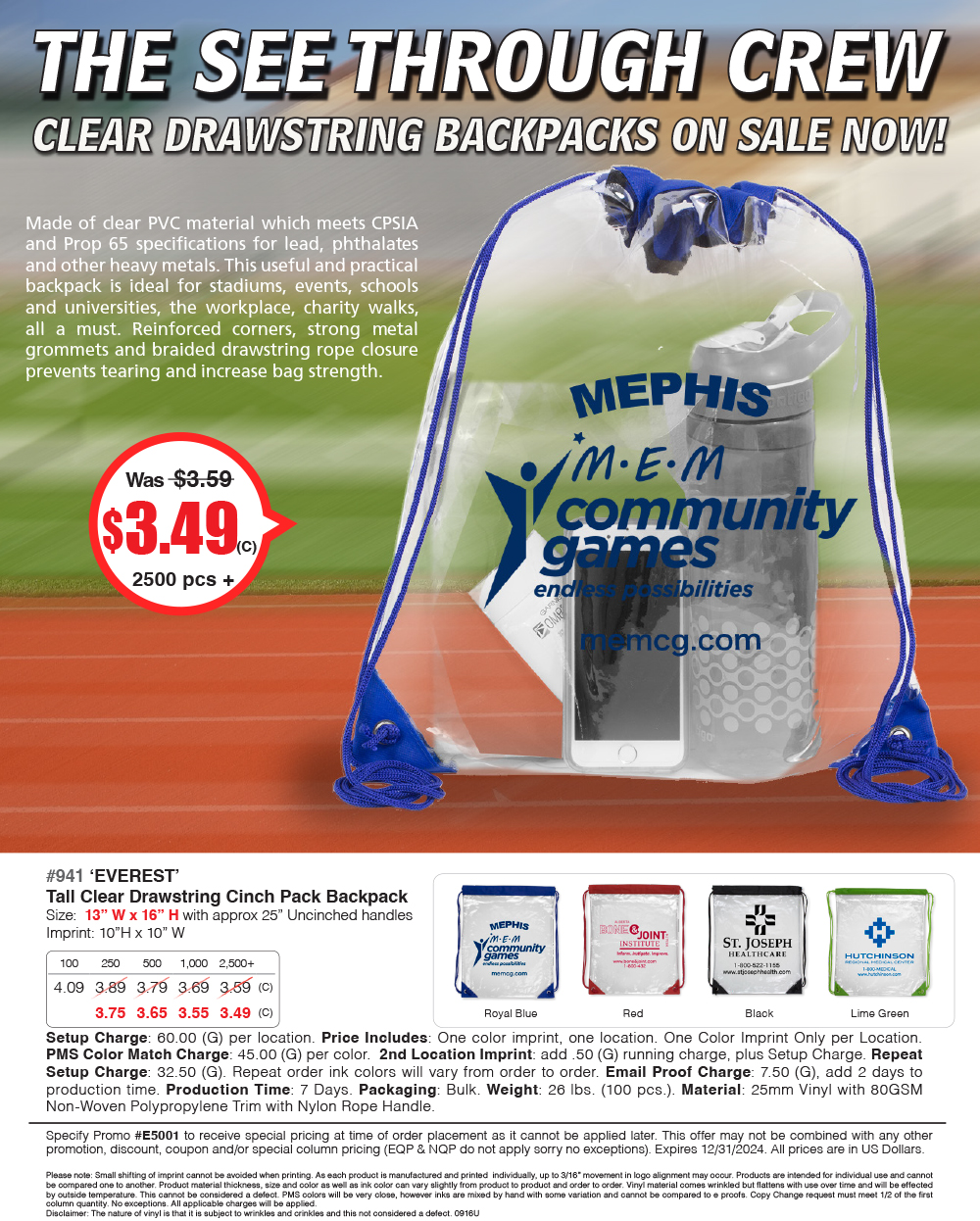 E5001 941 Clear Drawstring Cinch Pack Backpack